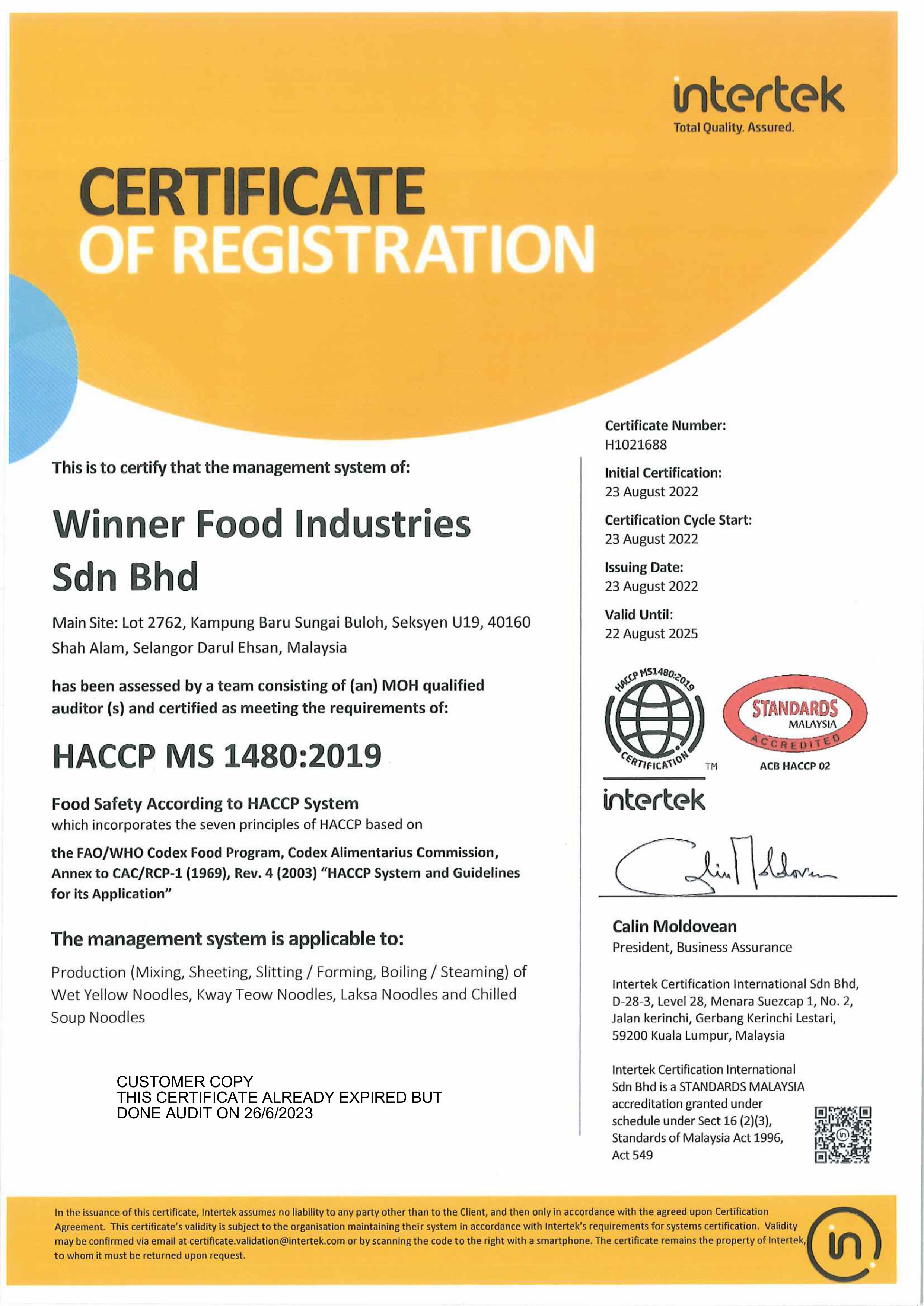 Certificates - Winner food Industries | Noodle factory in Malaysia