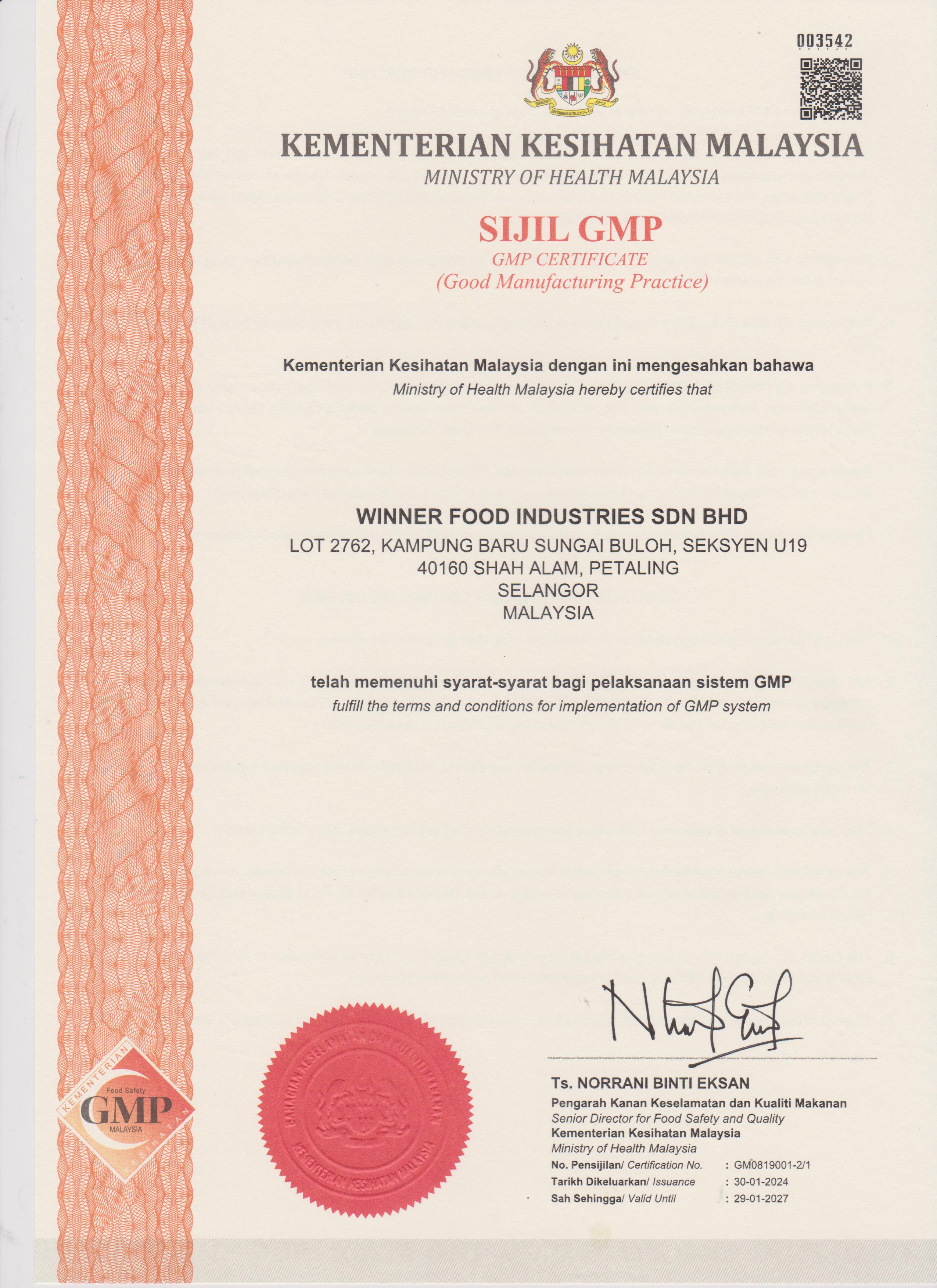 Certificates - Winner food Industries | Noodle factory in Malaysia